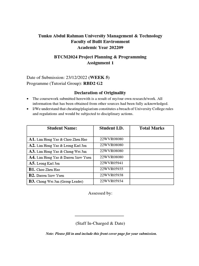 Assignment - 1 - Project Planning and Programming - Chong Wei Jun | PDF | Concrete | Employment