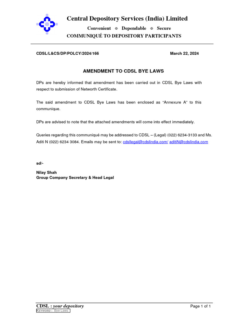 Communiques - DP - DP-166-AMENDMENT TO CDSL BYE LAWS | PDF | Audit | Accounting