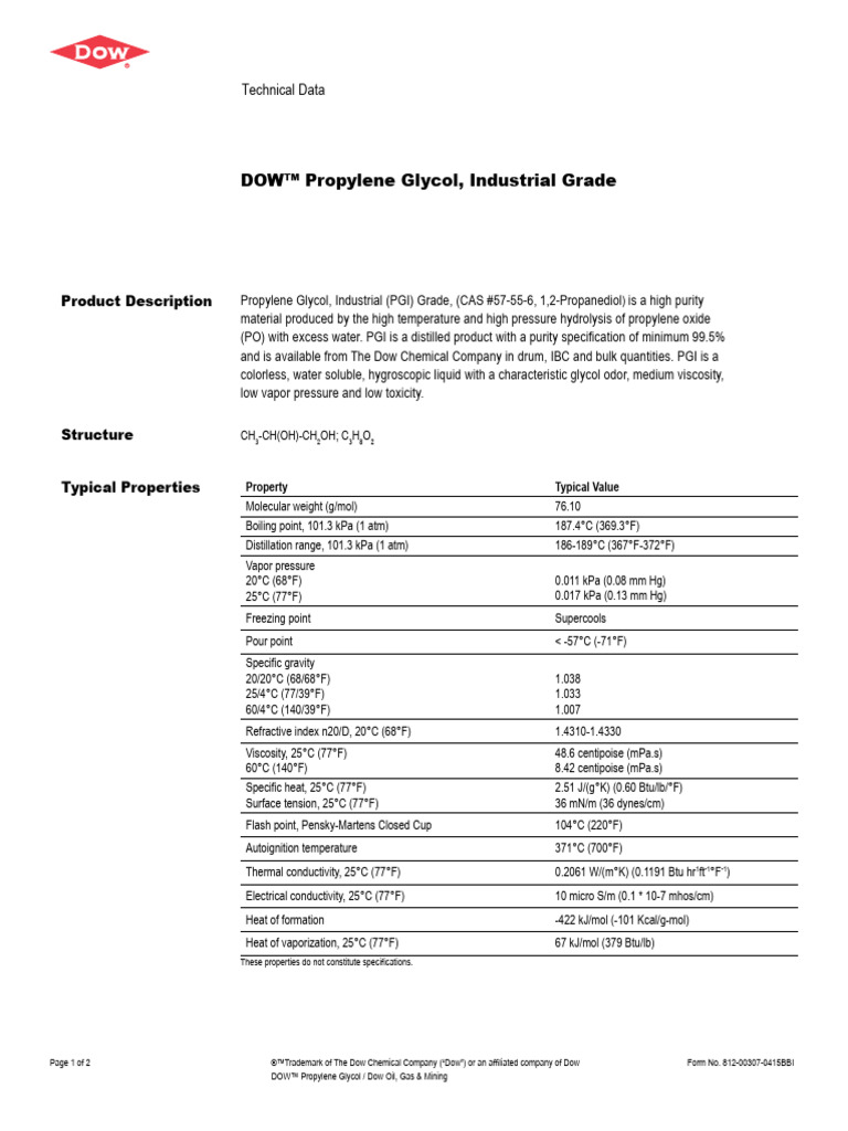 812 00307 01 Dow Propylene Glycol Industrial Grade Tds | PDF | Chemical ...