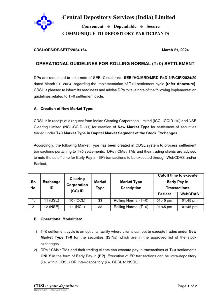 T+0 Settlement Cycle Operational Guidelines | PDF | Securities (Finance ...