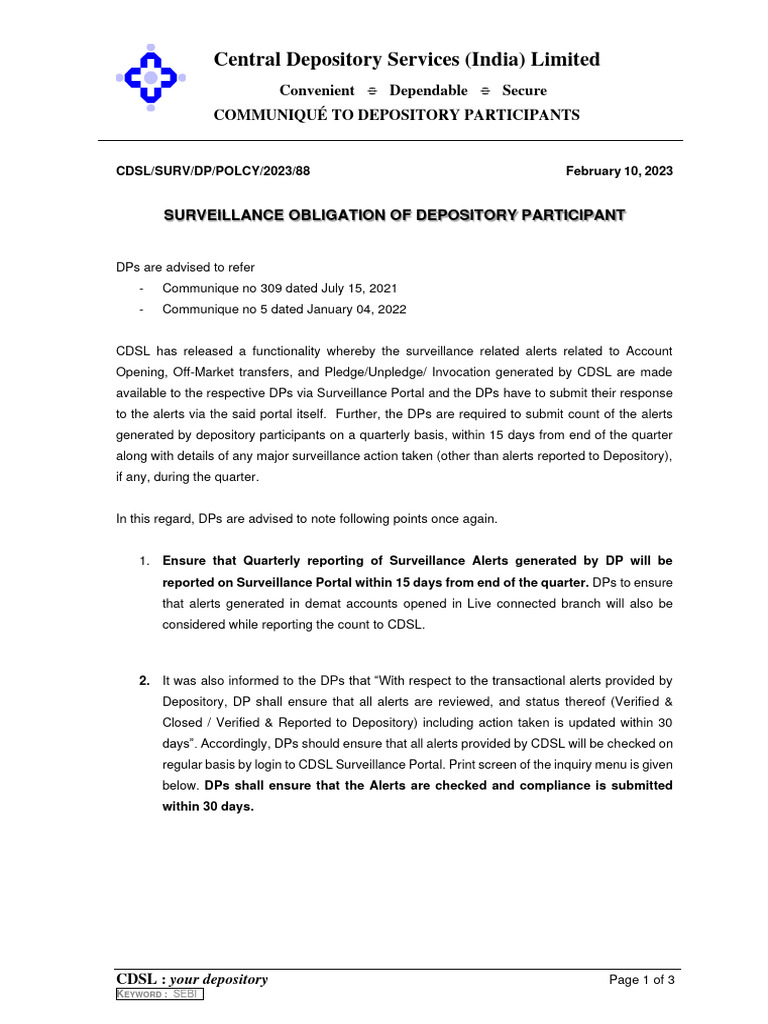 CDSL Surveillance Obligations for DPs | PDF