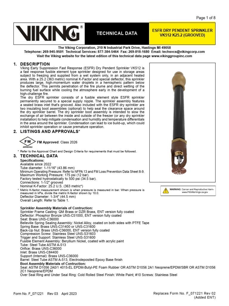 ESFR Dry Pendent Sprinkler VK512 K25.2 | PDF | Fire Sprinkler System ...