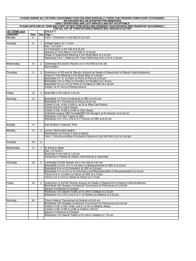 Calendar Term 1 2024 Draft | PDF | Sports