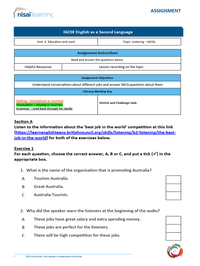IGCSE ESL Y1 Week 23 & 24 - Education & Work - Listening Skills | PDF | English As A Second Or ...