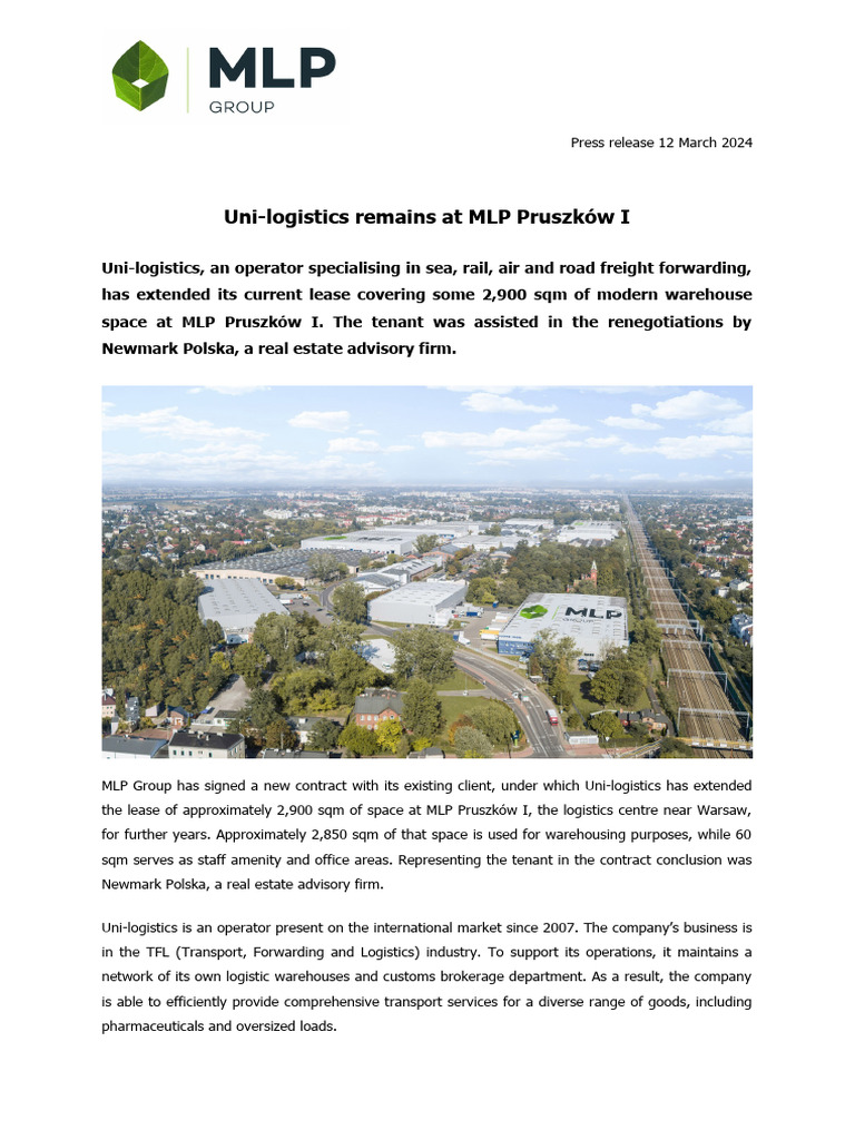 MLP Group Informacja Prasowa Uni Logistics 2024.03.12 ENG | PDF | Business | Economies