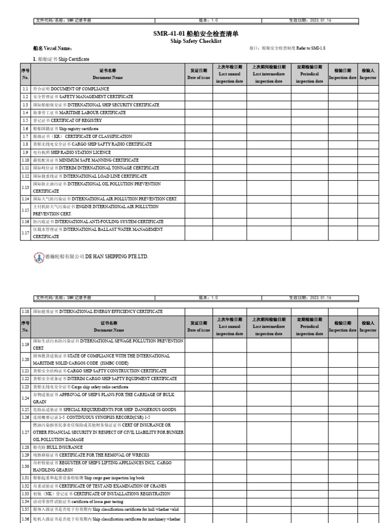 SMR-41-01 船舶安全检查清单 Ship Safety Checklist | Download Free PDF | Ships ...
