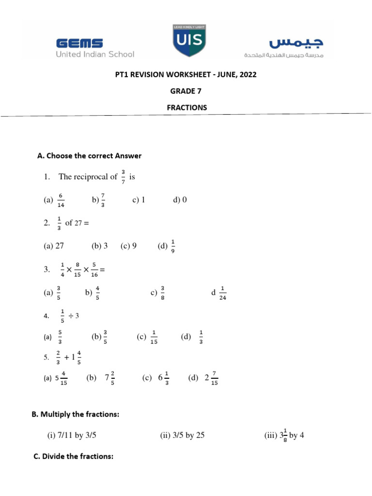 Grade 7 Fractions Revision Worksheet | PDF | Mathematics | Arithmetic