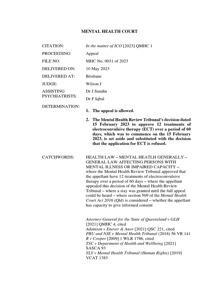 In The Matter of ICO (2023) QMHC 1 | PDF | Electroconvulsive Therapy ...