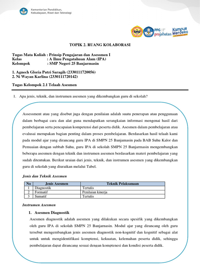NI WAYAN KARLINA-T2 RUANG KOLABORASI-PRINSIP PENGAJARAN DAN ASESMENT-TK 2.1. Telaah Asesmen | PDF