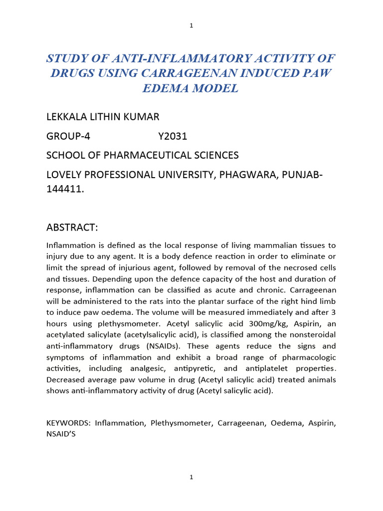 Study of Anti-Inflammatory Activity of Drugs Using Carrageenan Induced ...