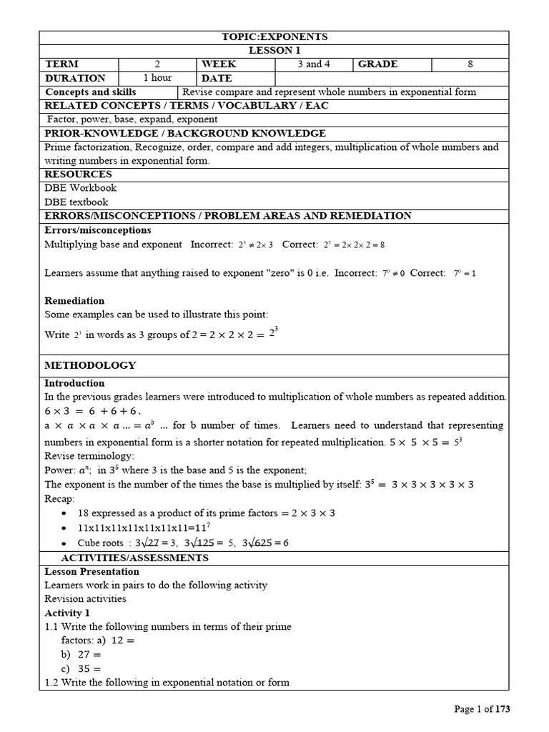 EXPONENTS-Lesson Plans | PDF | Exponentiation | Multiplication