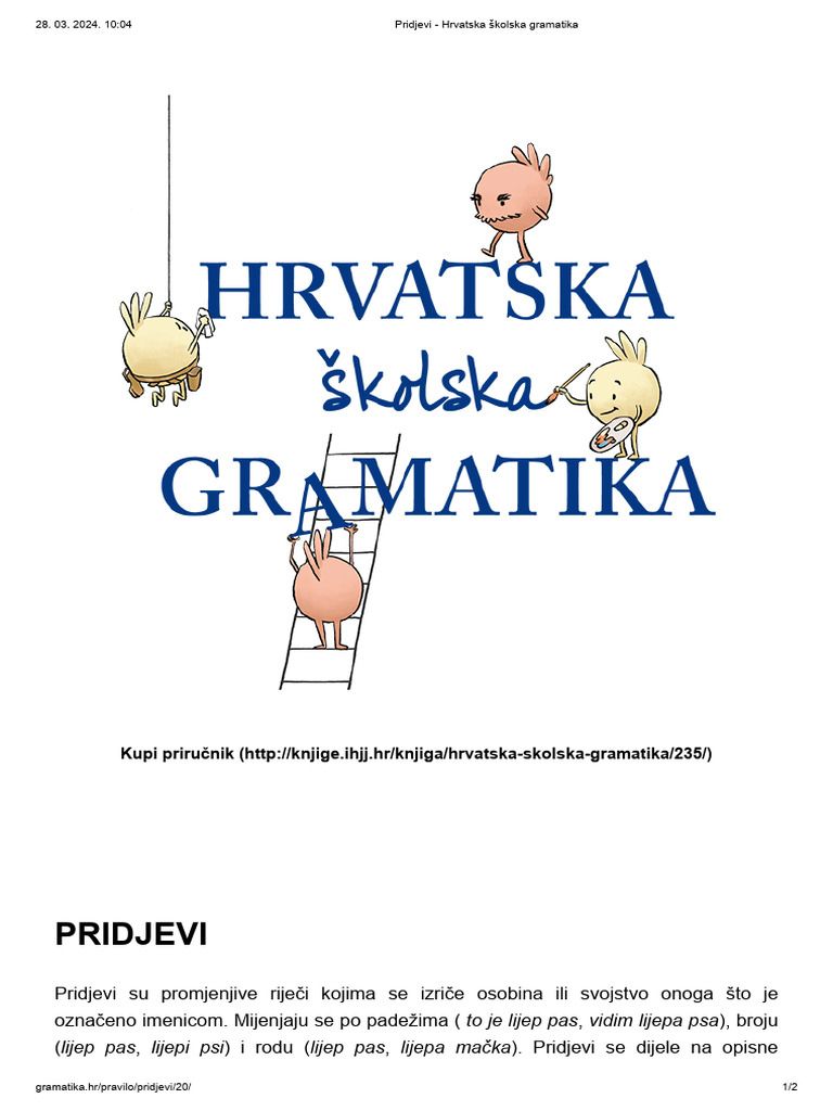 Pridjevi - Hrvatska Školska Gramatika | PDF