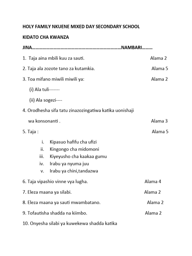 Kiswahili Form 1 Pdf