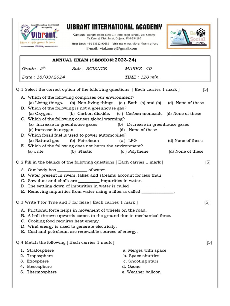 5th Grade Science Annual Exam 2023-24 | PDF | Atmosphere Of Earth ...
