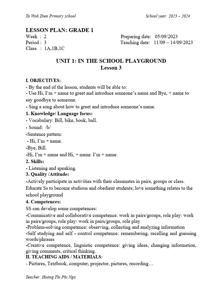 Grade 1 Lesson Plan: Greetings & Vocabulary | PDF | Language Education ...