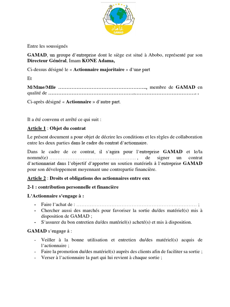Contrat Actionnaire GAMAD | PDF