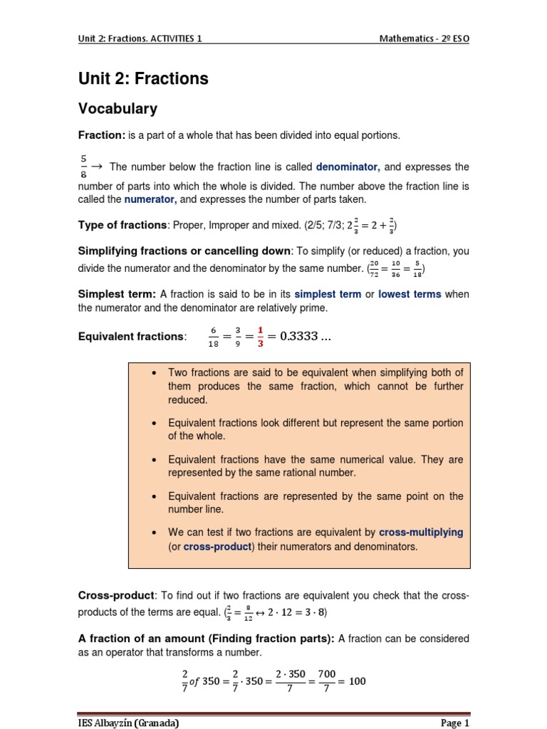Unit 2. - Act 1 - Fractions-2ºESO | PDF | Fraction (Mathematics) | Numbers