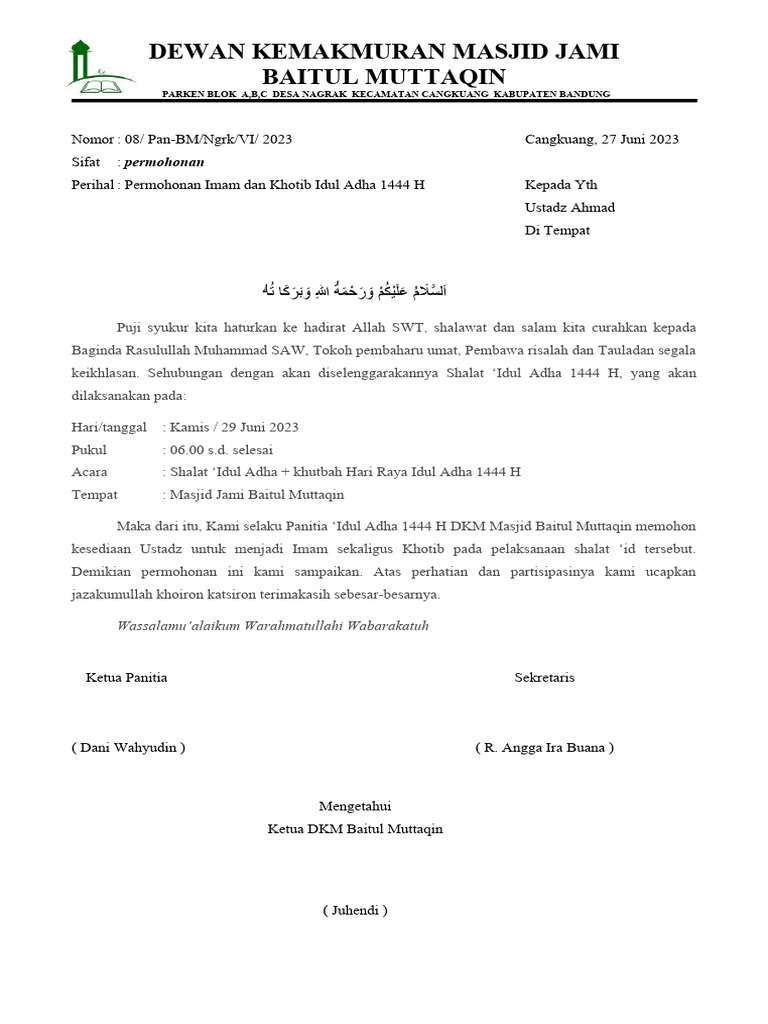 Permohonan Imam dan Khotib Idul Adha 1444 H | PDF Permohonan Imam dan Khotib Idul Adha 1444 H | PDF