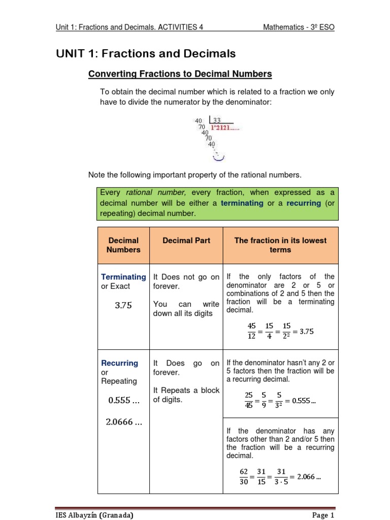 Unit 1 - Act 4 - Fractions and Decimals. - 3º ESO | PDF | Decimal ...