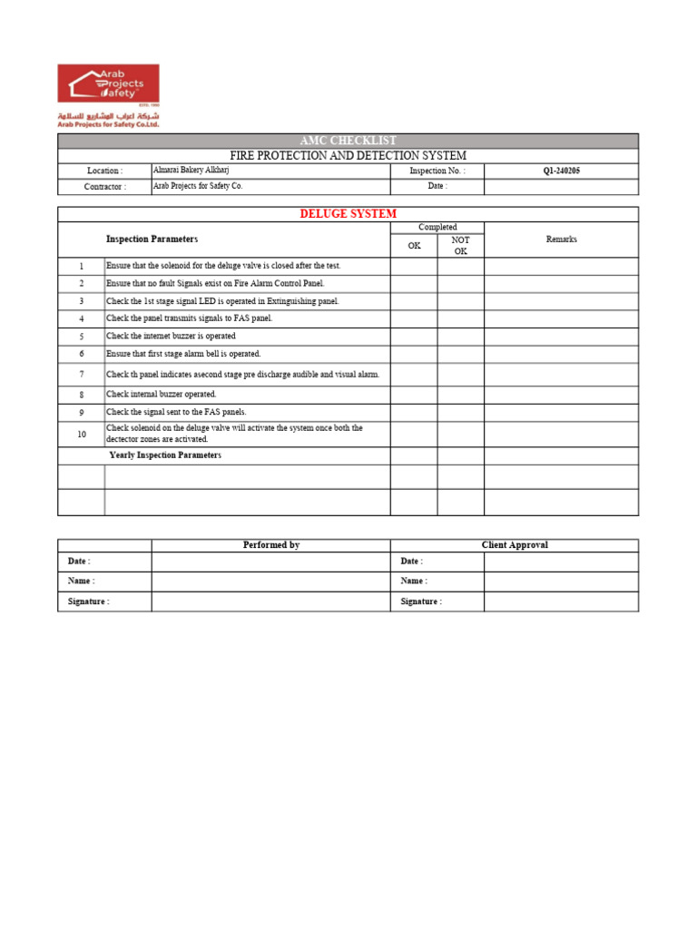 Deluge System ChEcklist AMC | PDF