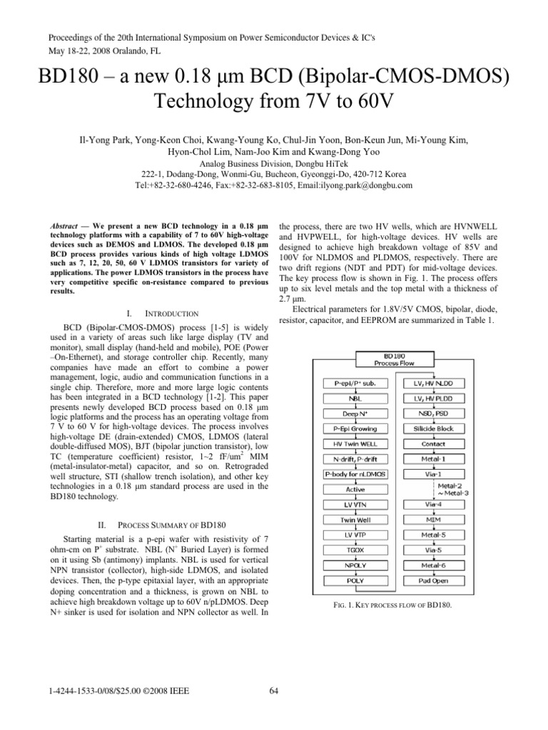 BD180 - A New 0.18 Ȝm BCD (Bipolar-CMOS-DMOS) | PDF | Bipolar Junction Transistor | Cmos