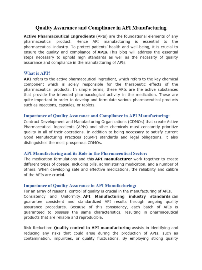Quality Assurance and Compliance in API Manufacturing | PDF | Audit ...