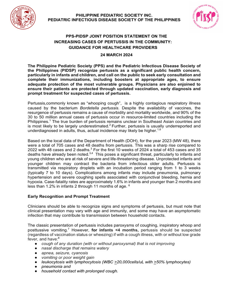 PPS Pidsp Joint Position Statement On Pertussis Infection in Children ...