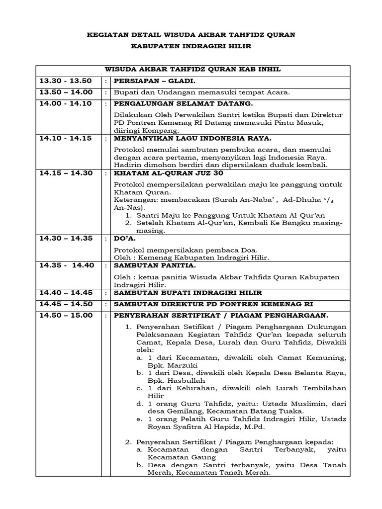 Wisuda Tahfidz Inhil 2023 Detil Acara | PDF