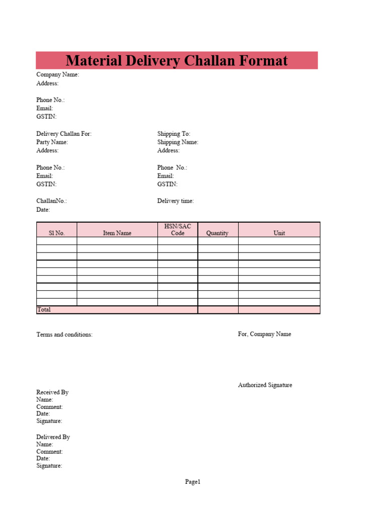 Material Delivery Challan Format Word 1 | PDF