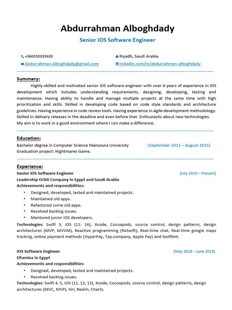 Abdurrahman Alboghdady - iOS Engineer | PDF | Ios | Swift (Programming Language)
