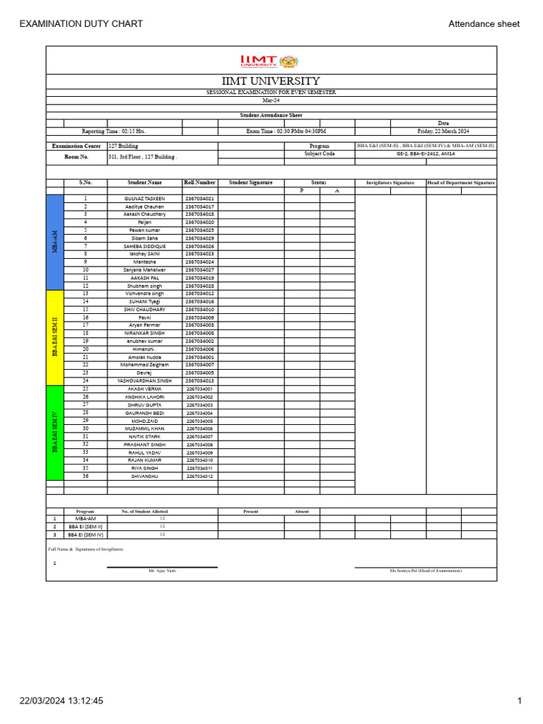 Examination Duty Chart - Google Sheets7 | PDF