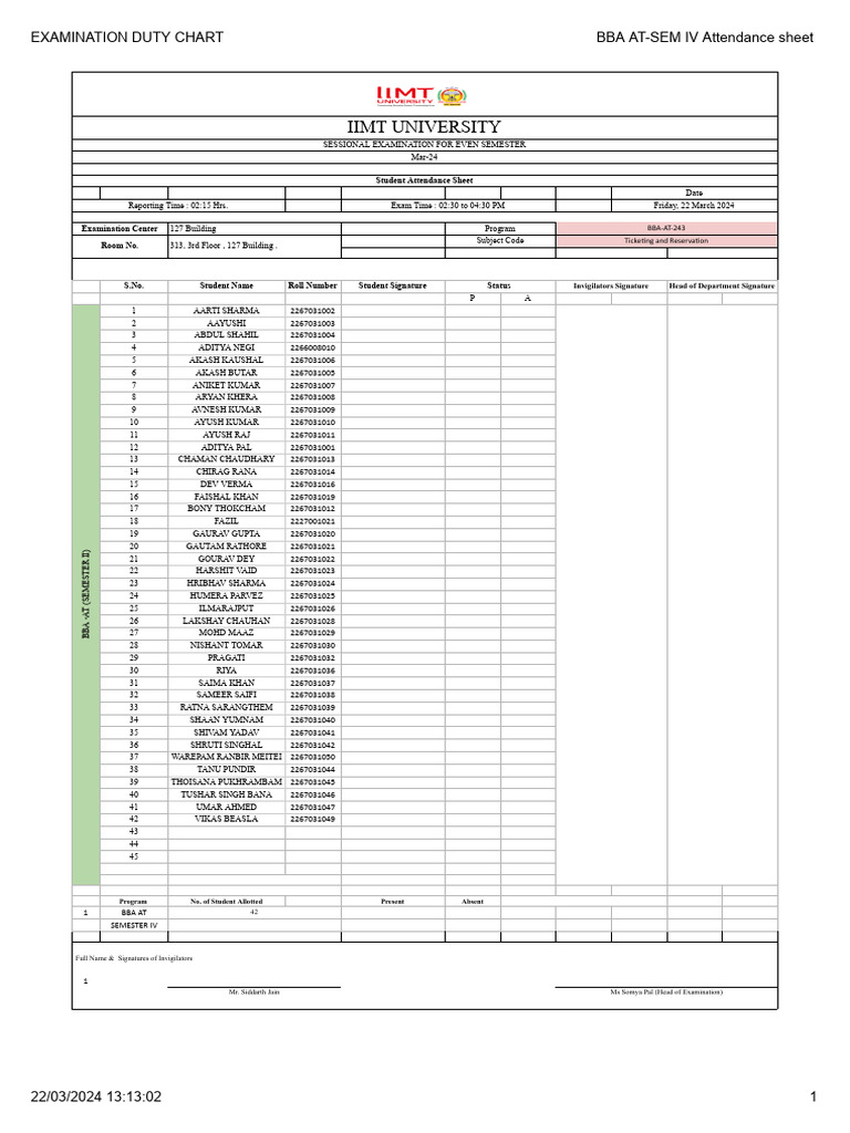 Examination Duty Chart - Google Sheets9 | PDF