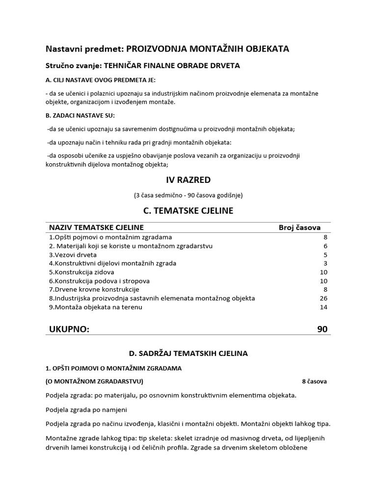 Nastavni Predmet Proizvodnja Montažnih Objekata | PDF
