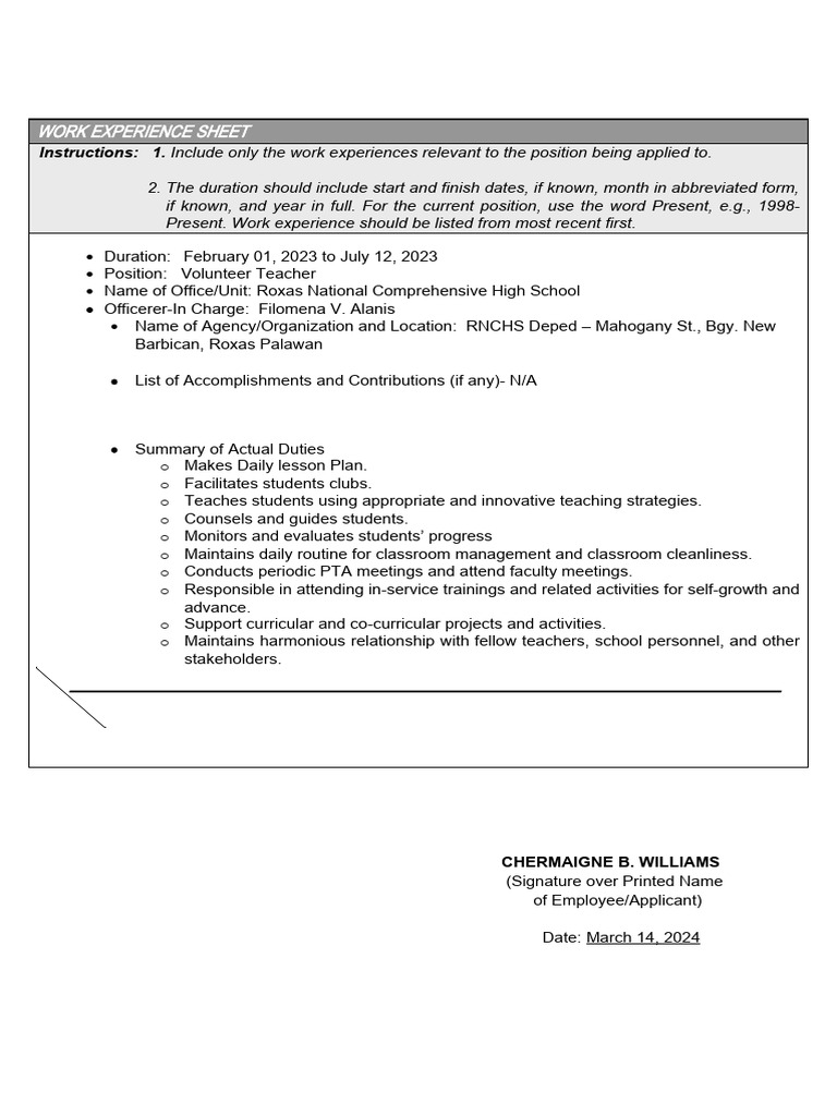 Work Experience Sheet | PDF | Teachers