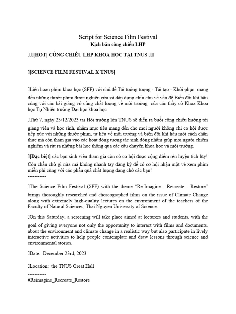 Script for Science Film Festival | PDF