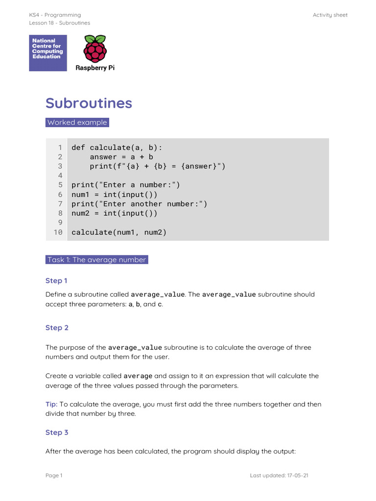 A2 Worksheet ÔÇô Subroutines Pdf Parameter Computer Programming Control Flow 