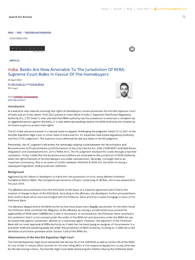 RERA - Banks Are Now Amenable To The Jurisdiction of RERA - SC Judgment ...