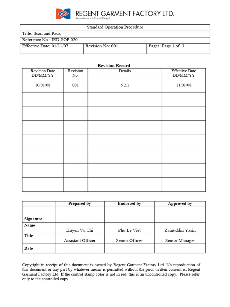 Regent Garment - IED-SOP 020 Scan & Pack | PDF | Technology & Engineering