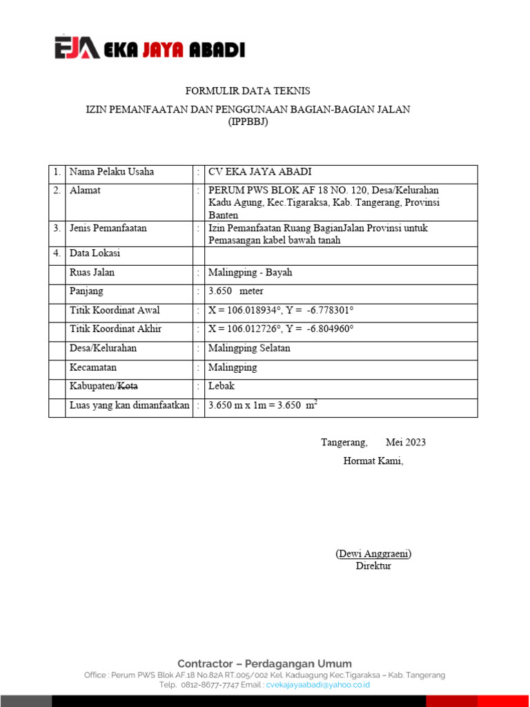 01 - Formulir Data Teknis Izin Pemanfaatan Dan Penggunaan Bagian-Bagian Jalan Provinsi | PDF