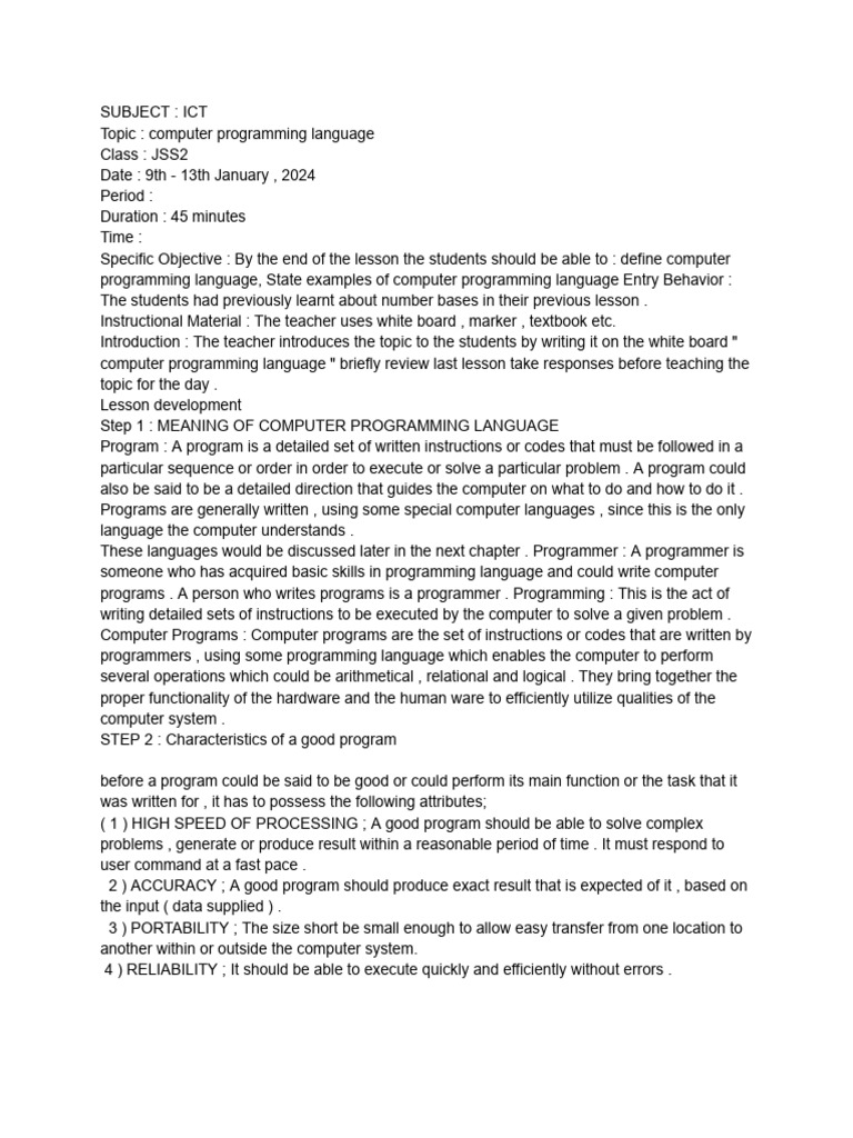 SUBJECT - ICT Week 1 | PDF | Computer Programming | Computer Program