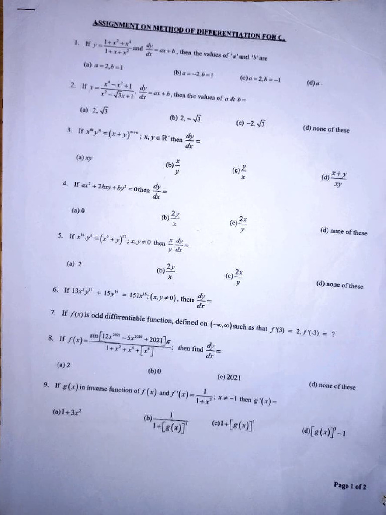 Assignment On Differentiation 1 | PDF | Mathematical Analysis | Mathematical Objects