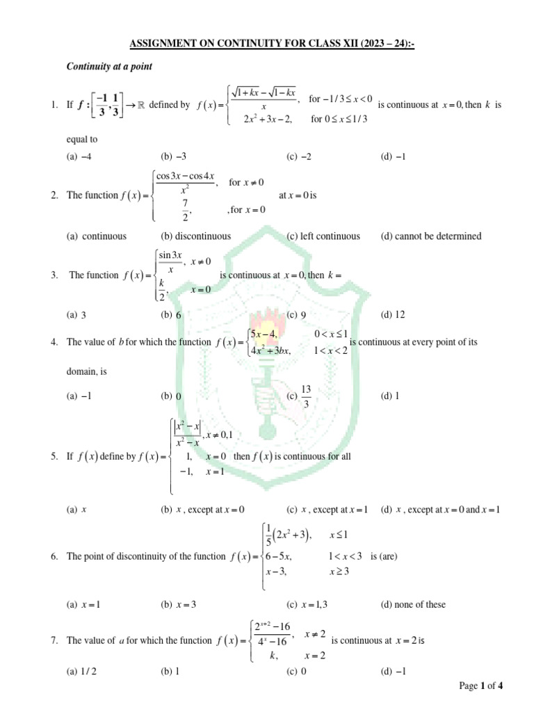 Assignment On Continuity For Class Xii 2023-24 | PDF