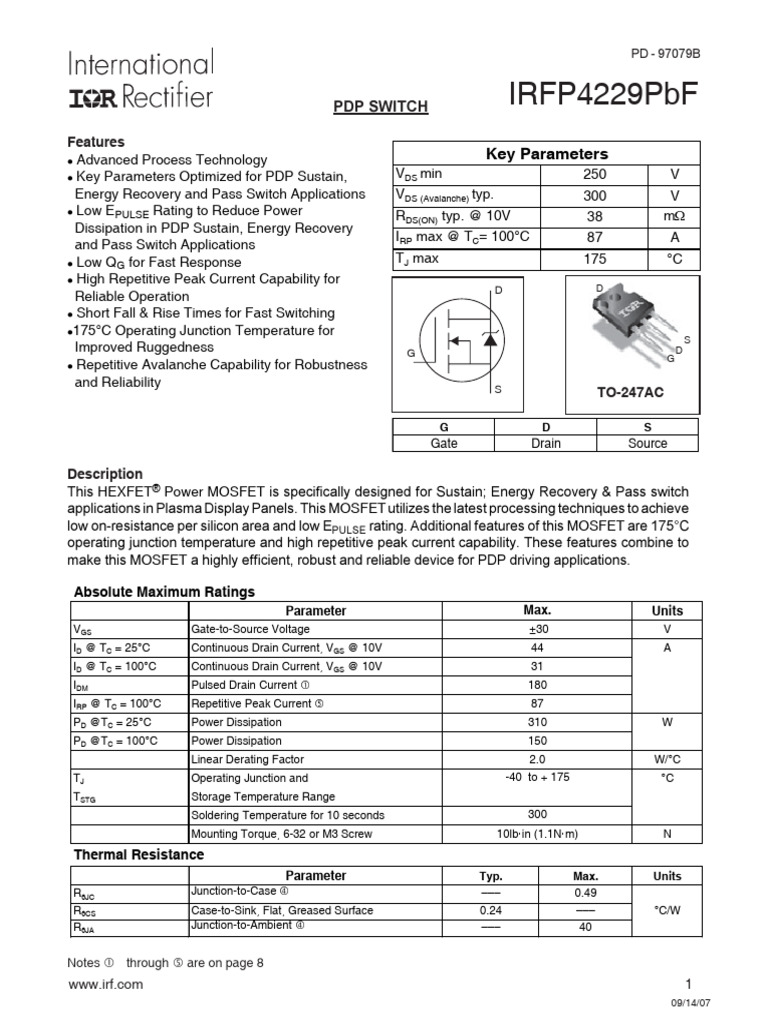 Infineon IRFP4229 DataSheet v01 - 01 EN | PDF | Field Effect Transistor | Mosfet