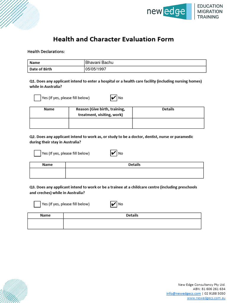 BB Declaration Form (Visa, Health & Character) | Download Free PDF ...