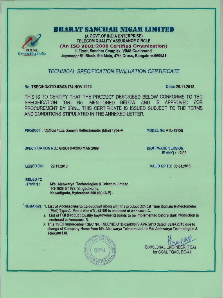 TEC Approval For OTDR (Mini) Type-A (ATL-1315B) (ATTL) | PDF
