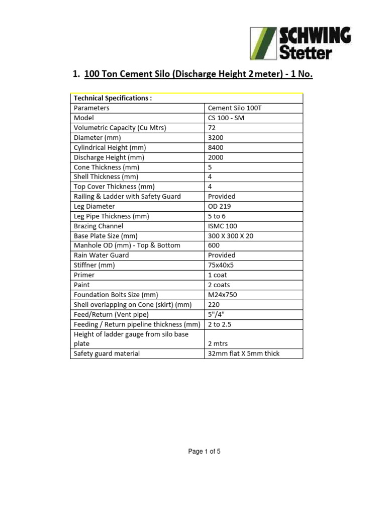100 Ton Cement Silo Specs | PDF | Technology & Engineering