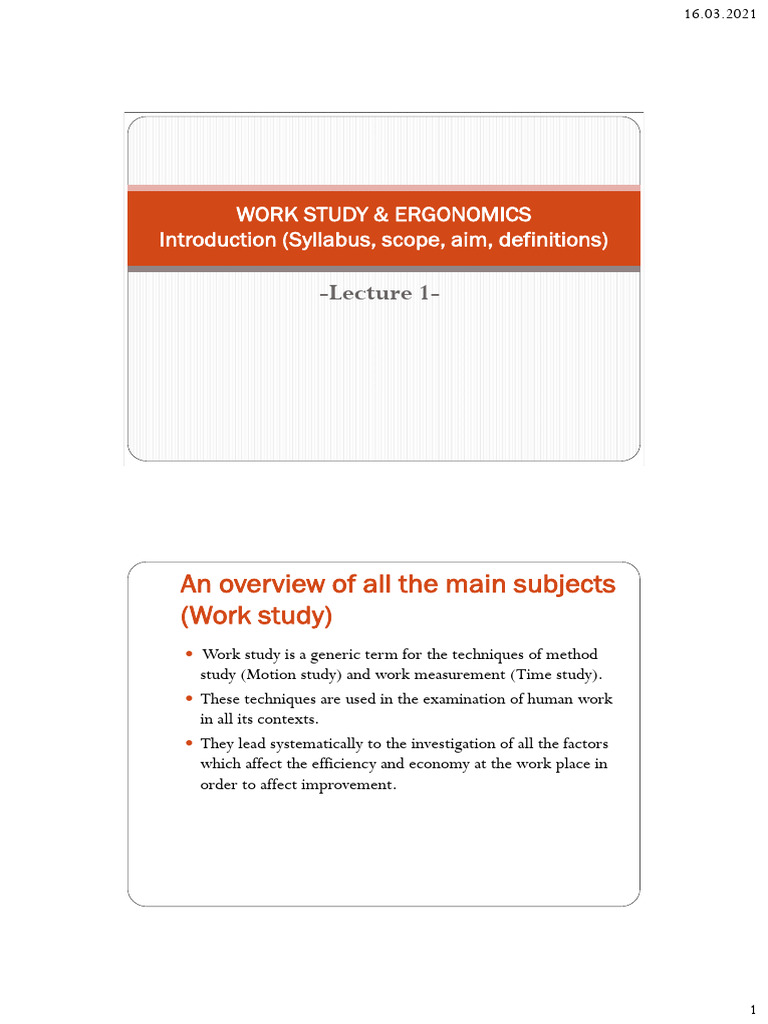 Work Study&Ergonomics 1 | PDF | Human Factors And Ergonomics