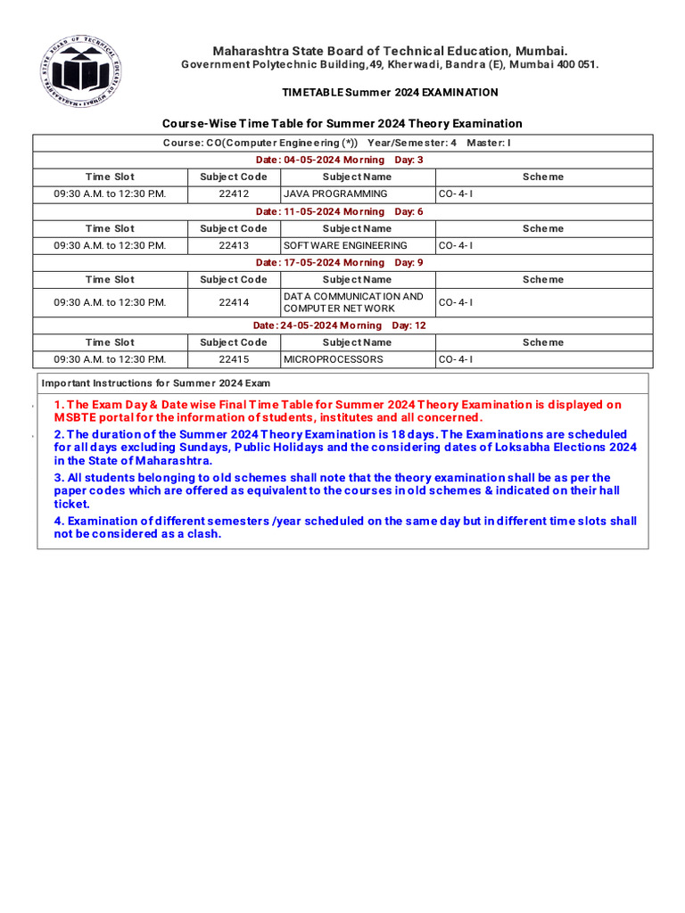 Time Table For Summer 2024 Theory Examination | PDF