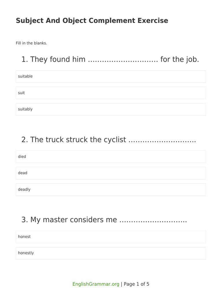 Subject and Object Complement Exercise | PDF