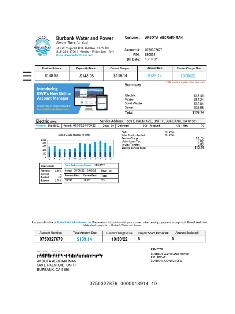 Burbank Water Bill Summary and Charges | PDF